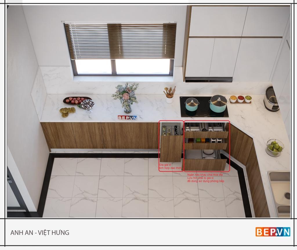 Tủ bếp chữ L hiện đại, tiện nghi cho nhà phố - Tủ bếp gia đình anh An