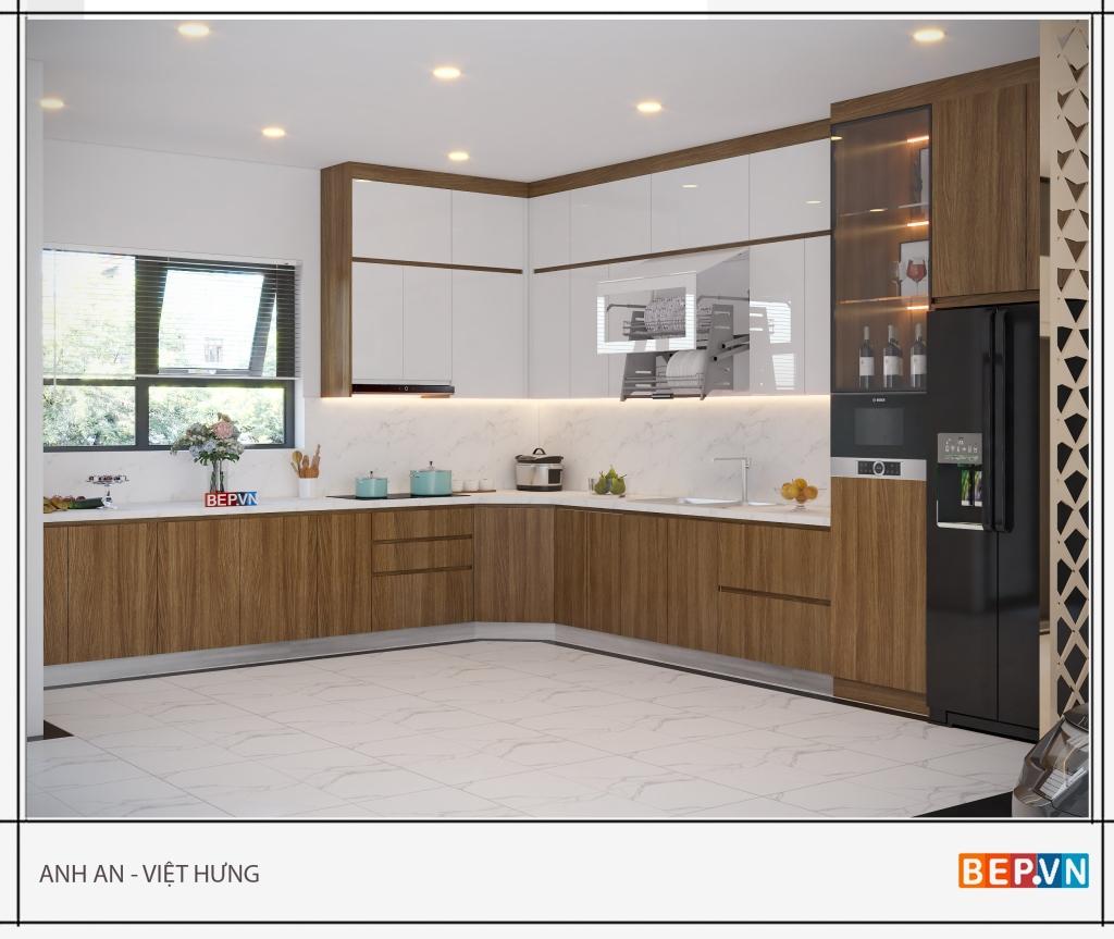 Tủ bếp chữ L hiện đại, tiện nghi cho nhà phố - Tủ bếp gia đình anh An